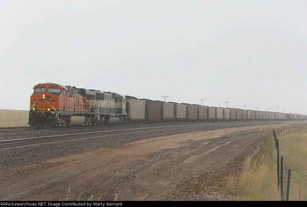 BNSF 5986 and 9808 Haul Coal in the Rain